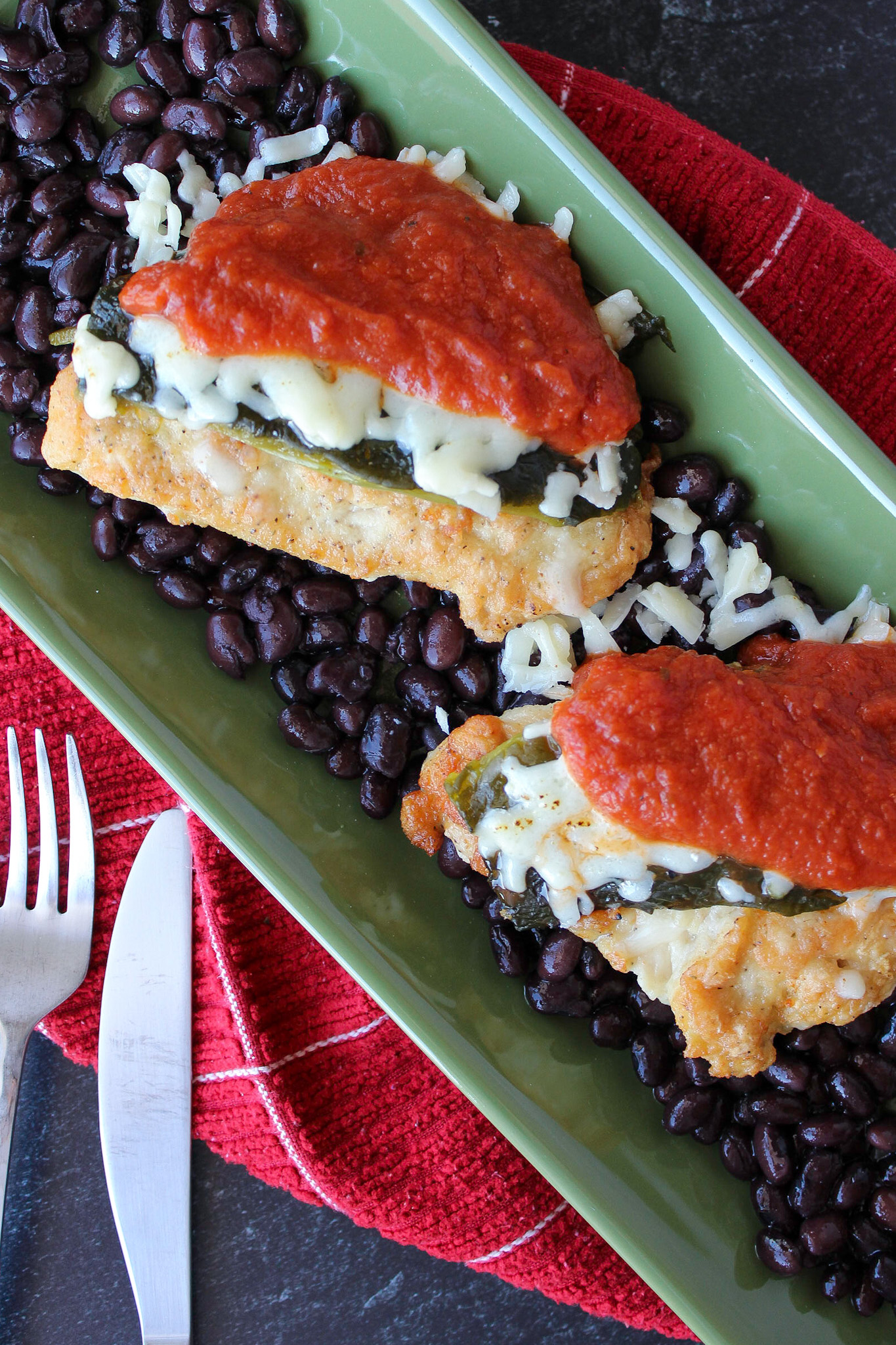 Chiles Rellenos Chicken with Spiced Black Beans - For The Perfect Bite